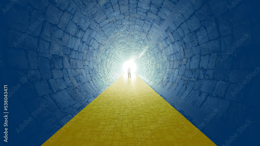 Concept or conceptual blue and yellow tunnel, the Ukrainian flag colors ...