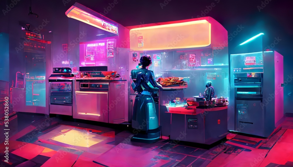 Cyberpunk robot in futuristic kitchen design illustration Stock ...