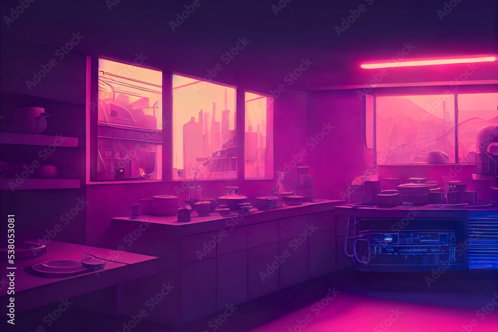 Cyberpunk futuristic sci-fi kitchen design illustration Stock ...