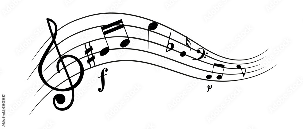 Hand drawn black music staff and various notes wave design isolated on ...