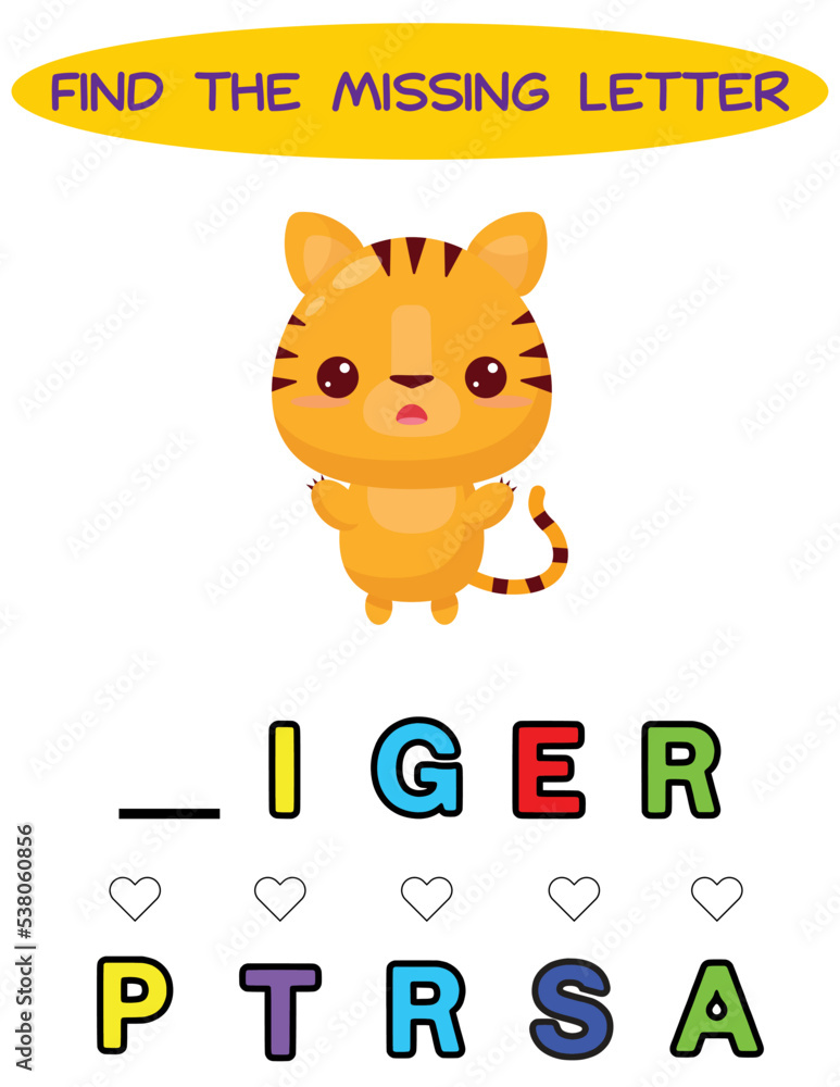 Find missing letter.kawaii tiger. Educational spelling game for kids ...