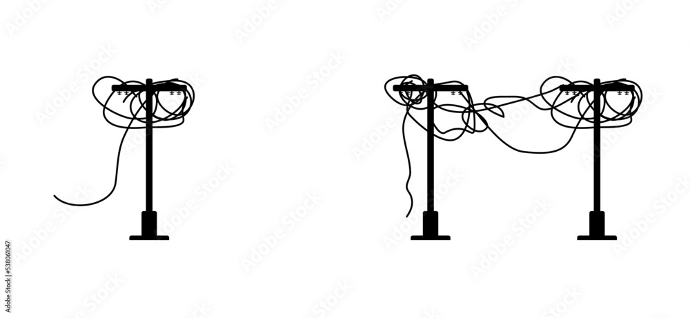 Tangent towers. High voltage pole, electric wires and telephone cable ...