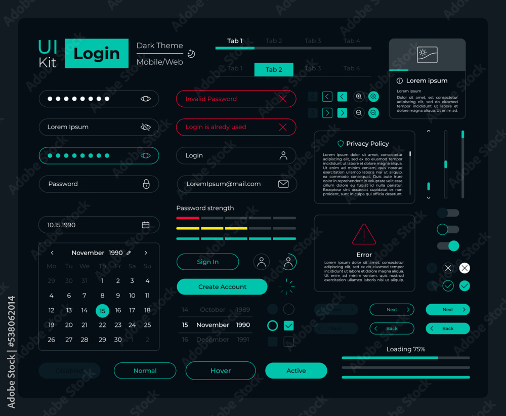 Login Ui Elements Kit Security Setup Isolated Vector Components Flat Navigation Menus And