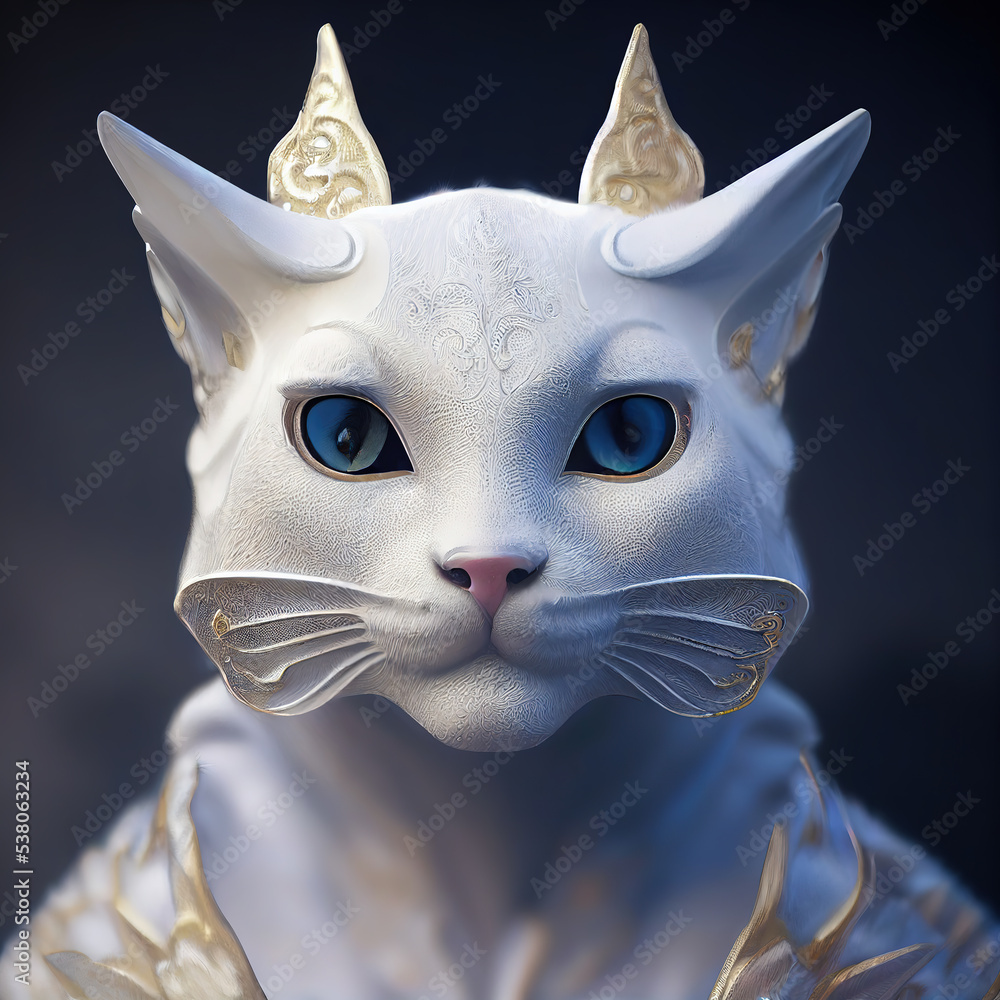 Anthropomorphic angelic white cat. Abstract cute white cat portrait. 3d ...