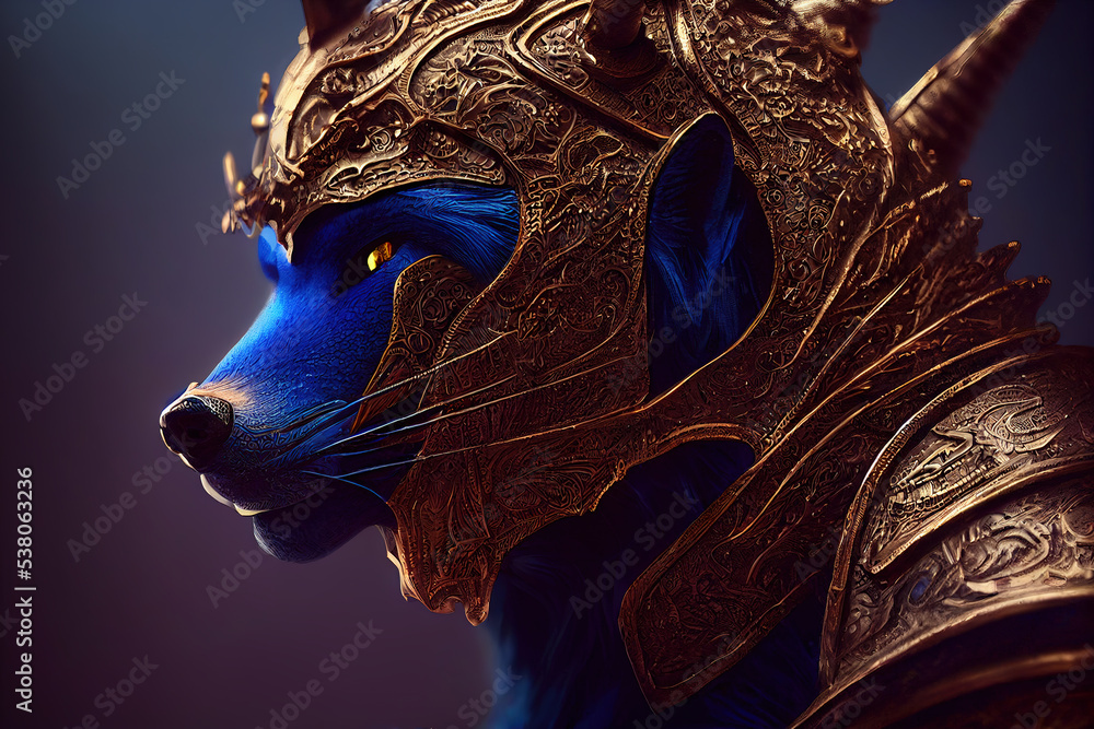 Anthropomorphic majestic blue fox knight. Abstract blue fox portrait ...