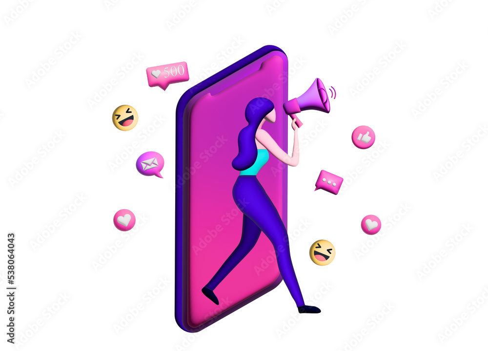 Beautiful Woman Shouting In Loud Speaker With Social Media Icons