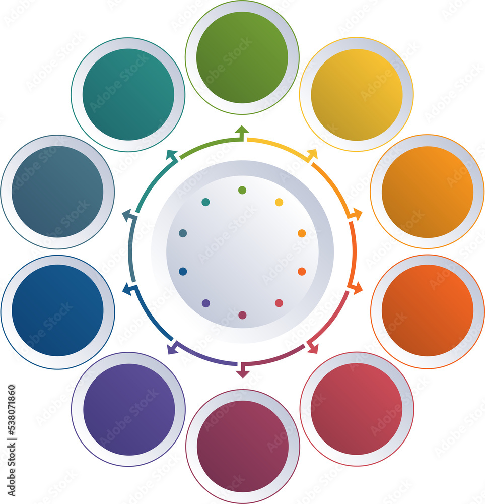 Pie chart from colored circles and arrows, infographics for ten ...