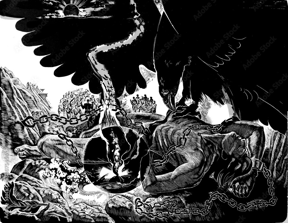 Prometheus and evolution. Etching drawing. Hand drawn artwork. Graphics ...