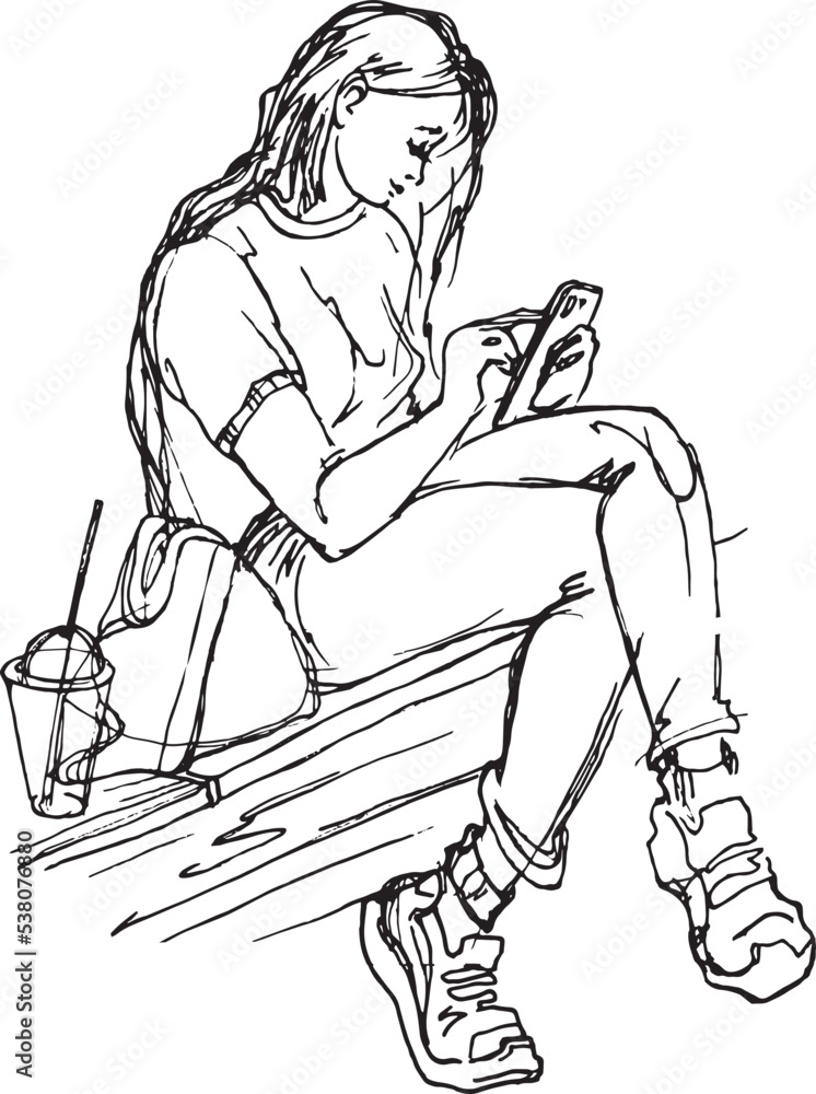 Vector linear sketch: girl with mobile phone in her hands and bag ...