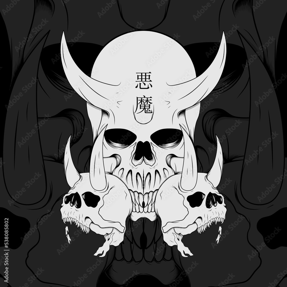 Demon Head Skull with Long Horned and Two Human Skull with Broken Jaw ...