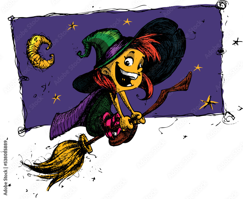Cartoon witch flying on her broom. Vector Halloween illustration. Hand ...