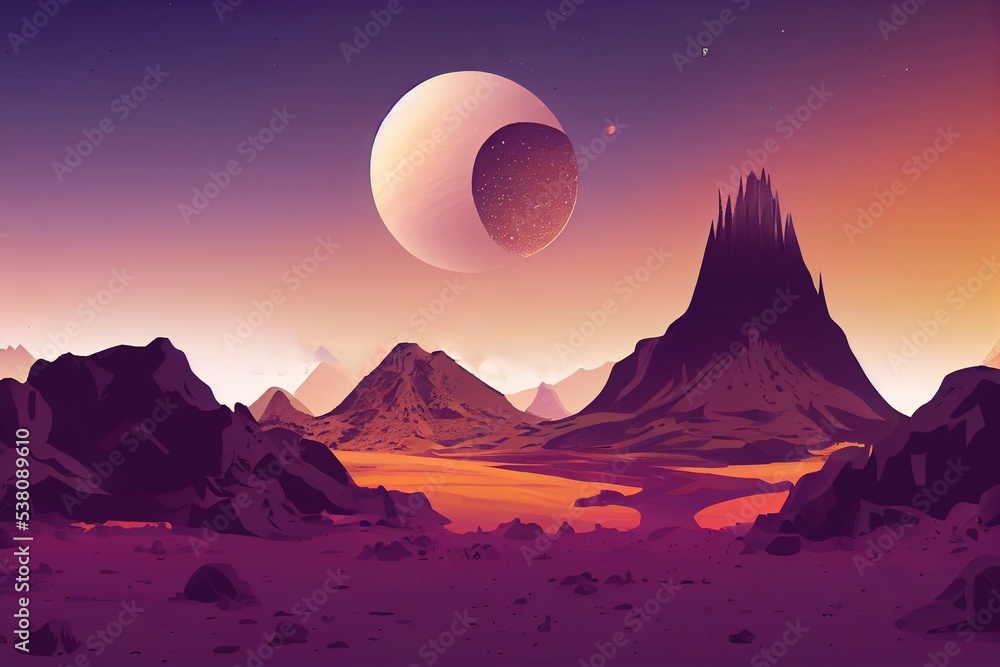 Alien planet landscape with volcano, river, stars and moons in sky ...