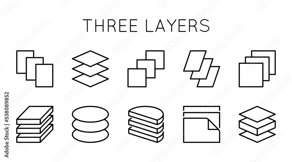 Layered materials icons set. Three-layer materials. Fabric, sheets ...