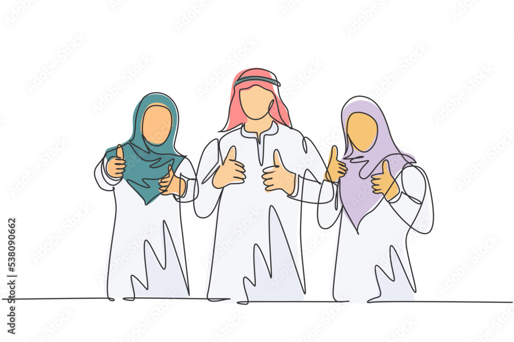 Single continuous line drawing of young muslim general manager with his ...