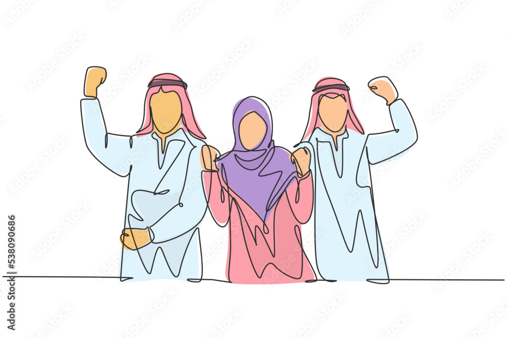 One single line drawing of young happy muslim marketing staff show ...