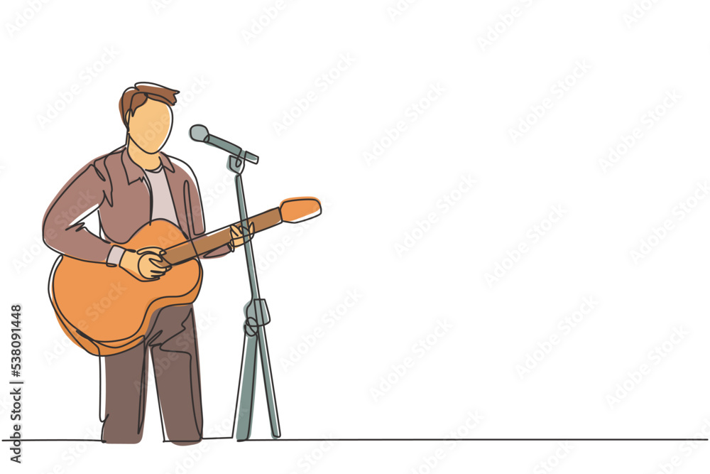 Vetor de One continuous line drawing of young happy male guitarist ...