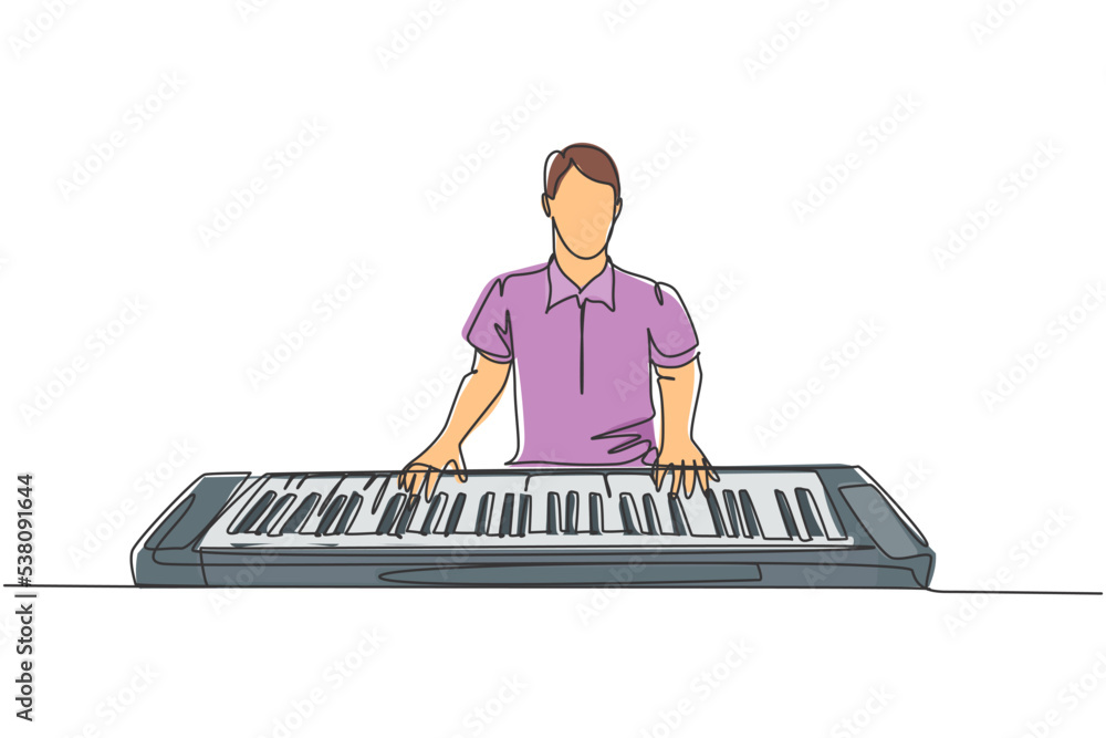 One single line drawing of young happy male pianist playing electric ...