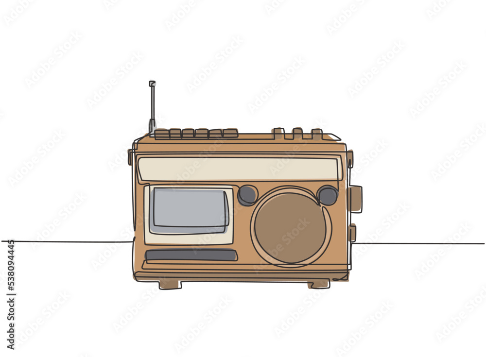 Single continuous line drawing of retro old fashioned analog radio tape ...
