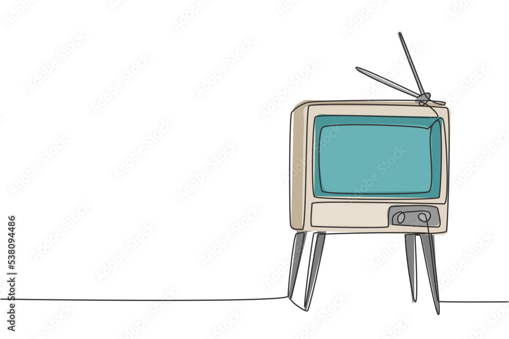 One continuous line drawing of retro old fashioned tv with wooden table ...