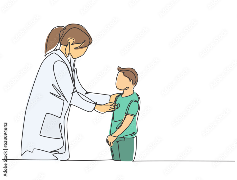 One single line drawing of female pediatric doctor examining heart beat ...