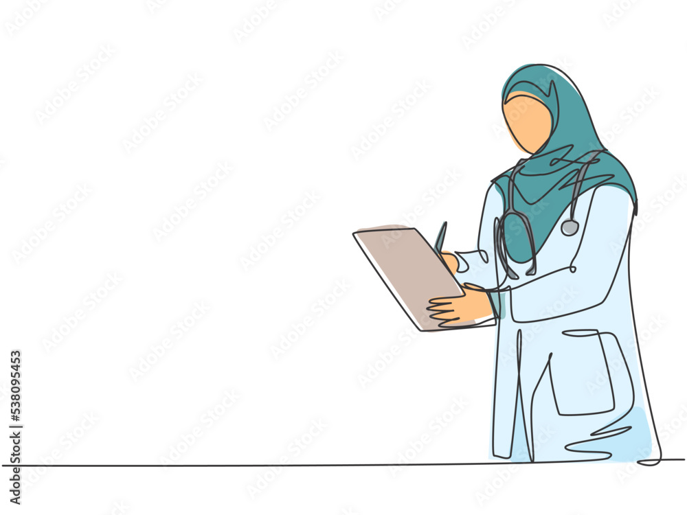 One single line drawing of young Arabian muslimah doctor wearing hijab ...