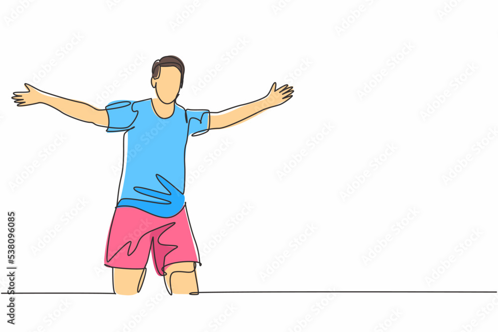 Single continuous line drawing of young sporty football player running ...