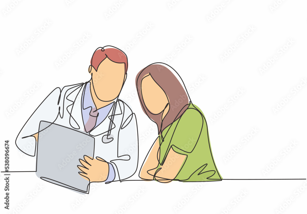 One continuous line drawing of young male doctor giving consultation ...