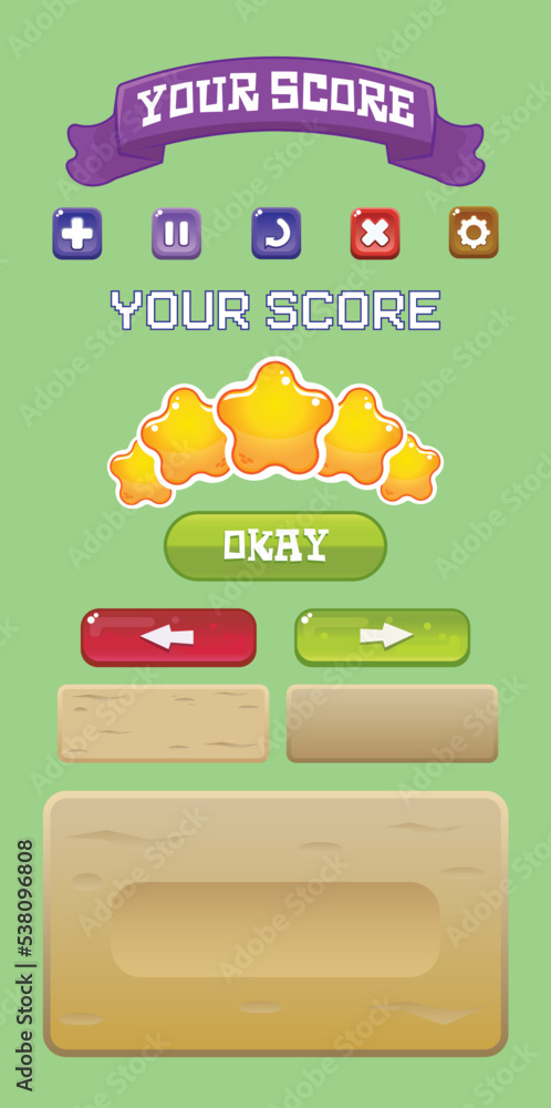 Set of mobile casual game ui elements: buttons, awards, stars, ribbons ...