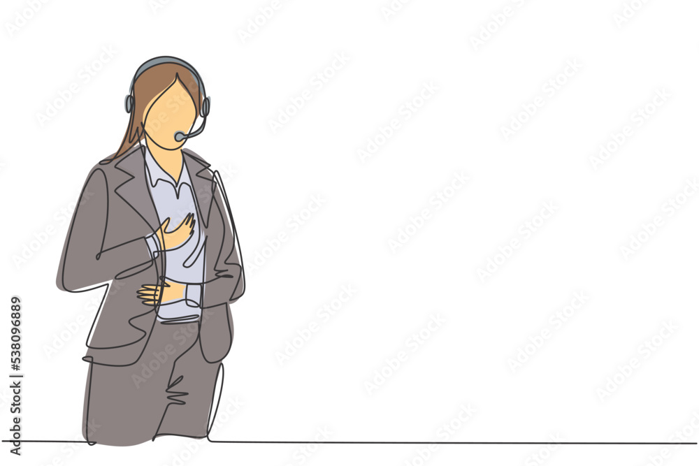 Single continuous line drawing of young happy female trainer speak in ...