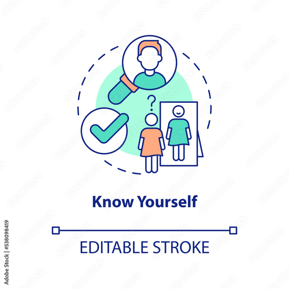 Know yourself concept icon. Practicing self recognition. Improving self ...