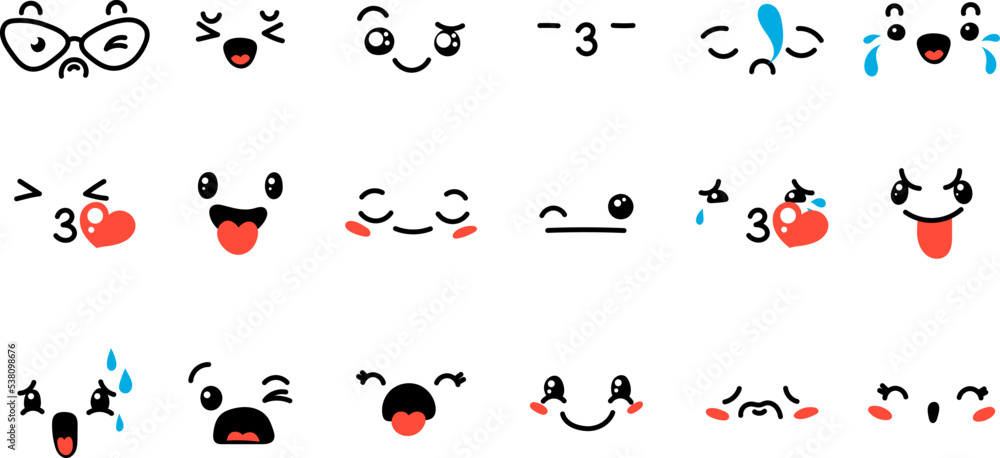 Various Cartoon Emoticons Set. Doodle faces, eyes and mouth. Caricature ...