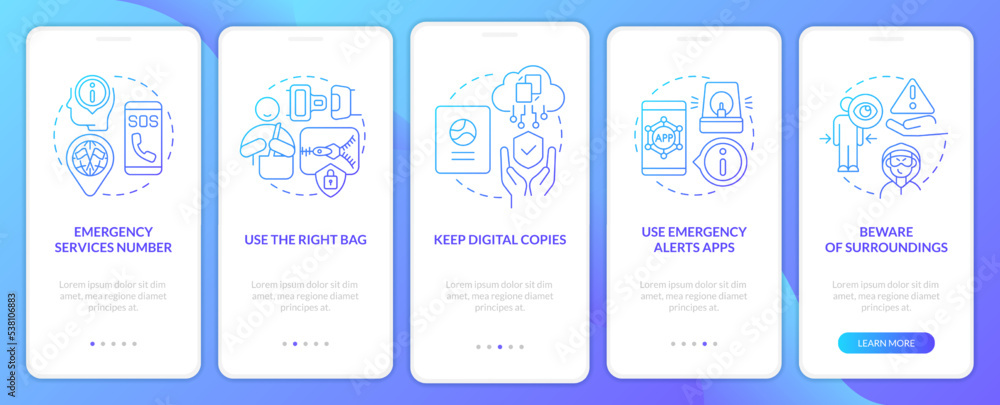Travel safety tips onboarding blue gradient mobile app screen. Trip ...
