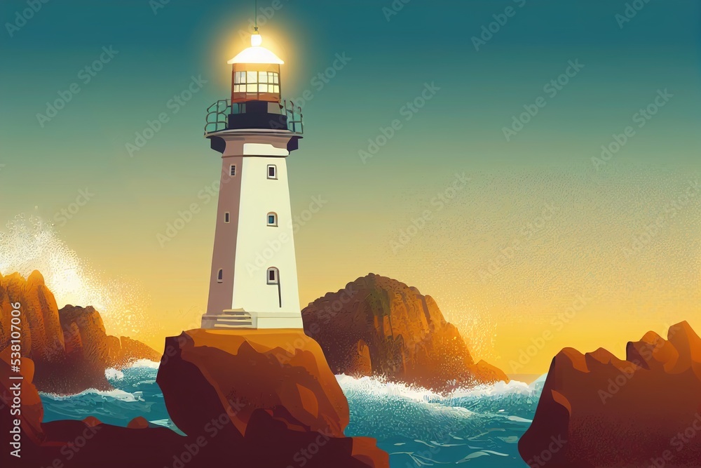 Lighthouse on rock island in sea. cartoon illustration of summer ...