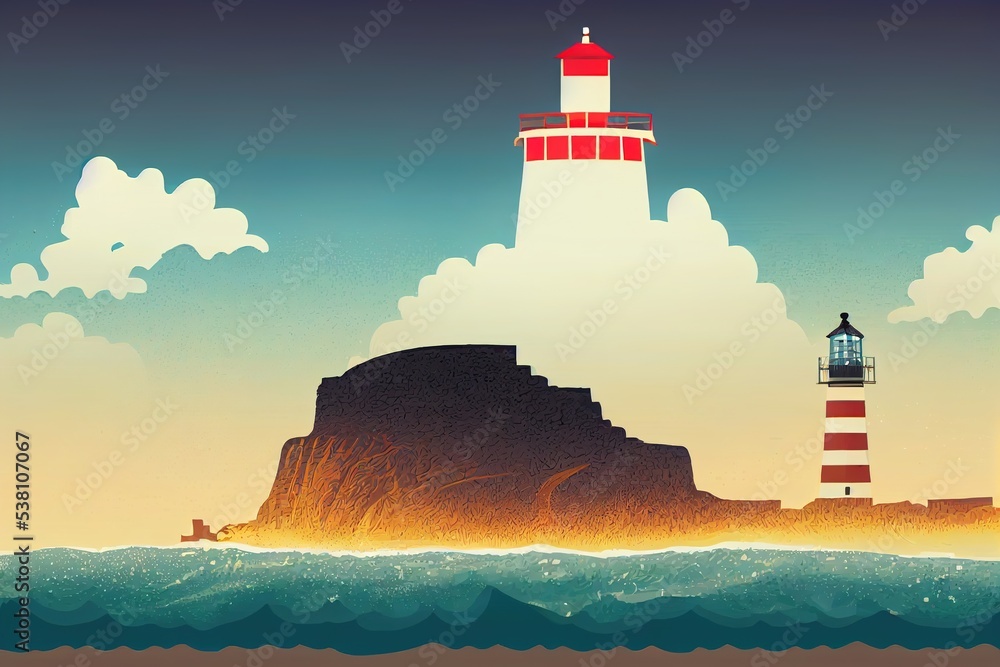 Lighthouse on rock island in sea. cartoon illustration of summer ...