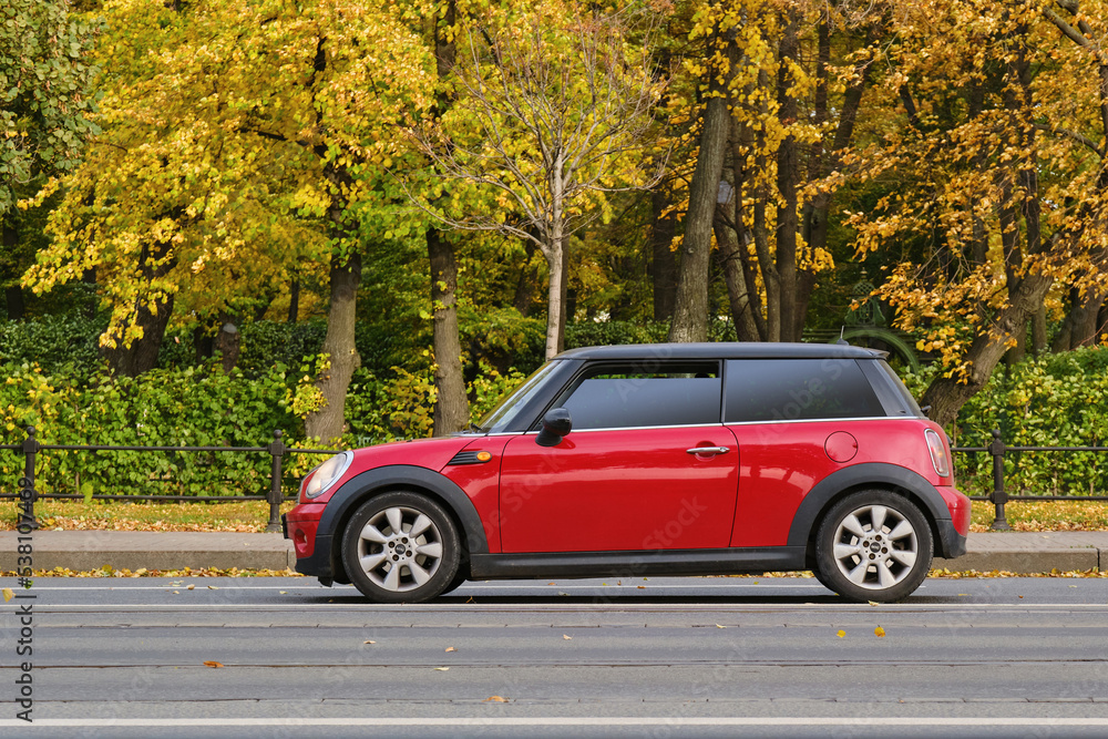 Sankt-Peterburg, RUSSIA - 12 october 2022 : MINI Cooper red coupe rides ...