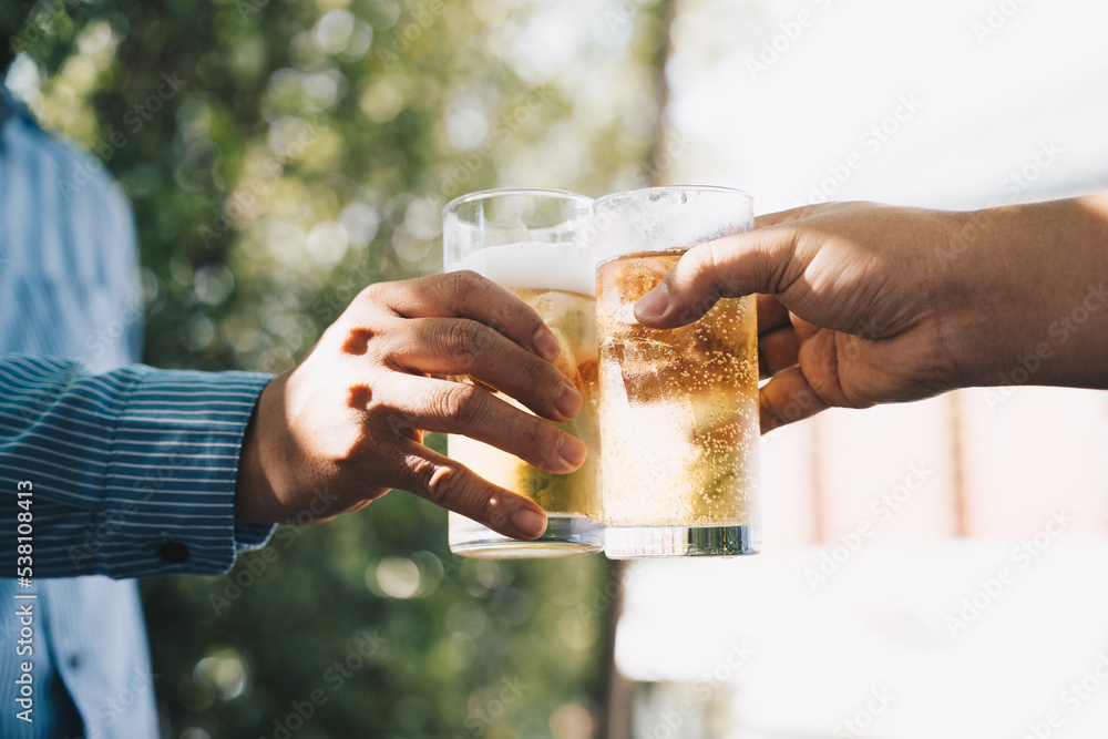 Multiracial group of friends enjoying a beer, Young people hands ...