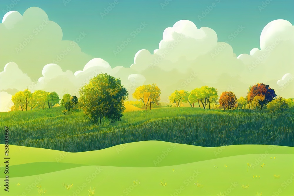 Cartoon meadow landscape. summer green fields view, spring lawn hill ... Cartoon meadow landscape. summer green fields view, spring lawn hill ...