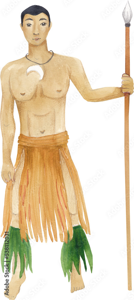 Watercolor hand drawn hawaiian illustration with men warrior in ...