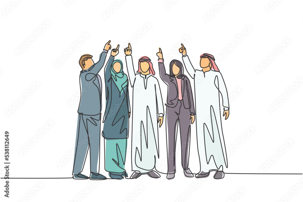 Single continuous line drawing of young male and female muslim managers ...
