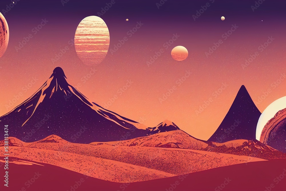 Alien planet landscape with volcano, river, stars and moons in sky ...