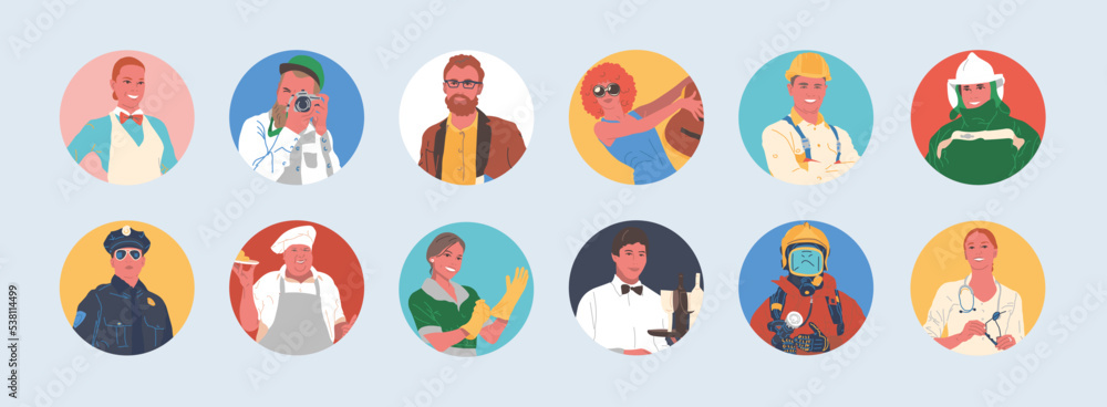 Set of portraits of people of different professions in round icons ...