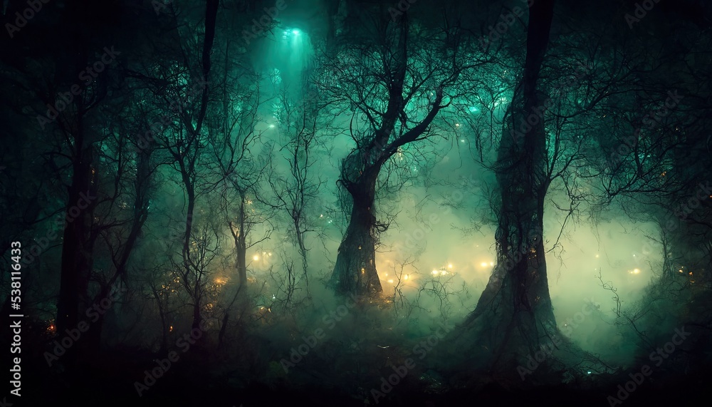 Dark scary forest cursed by witch spell spectacular 3D illustration for ...