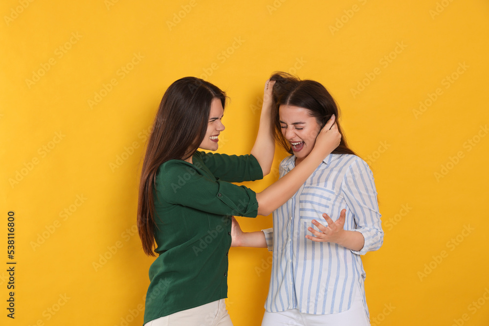 Aggressive young women fighting on orange background Stock Photo ...