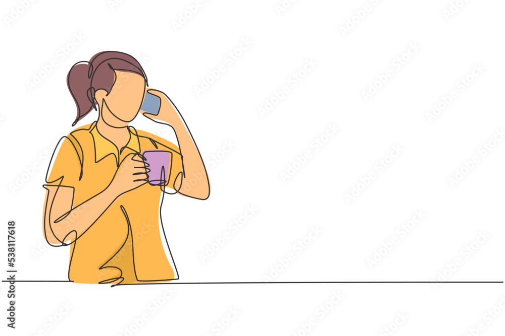 Single continuous line drawing of young female employee calling her ...