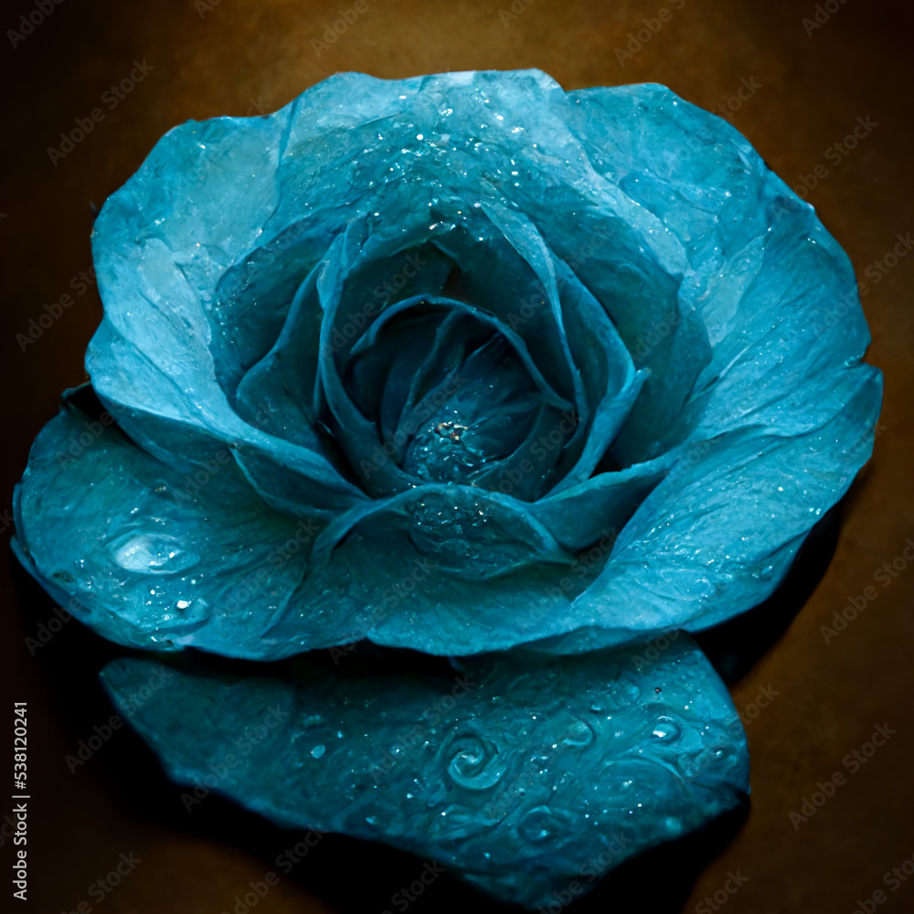 Blue rose with raindrops. Blue fairy-tale flower. Blue flower petals ...