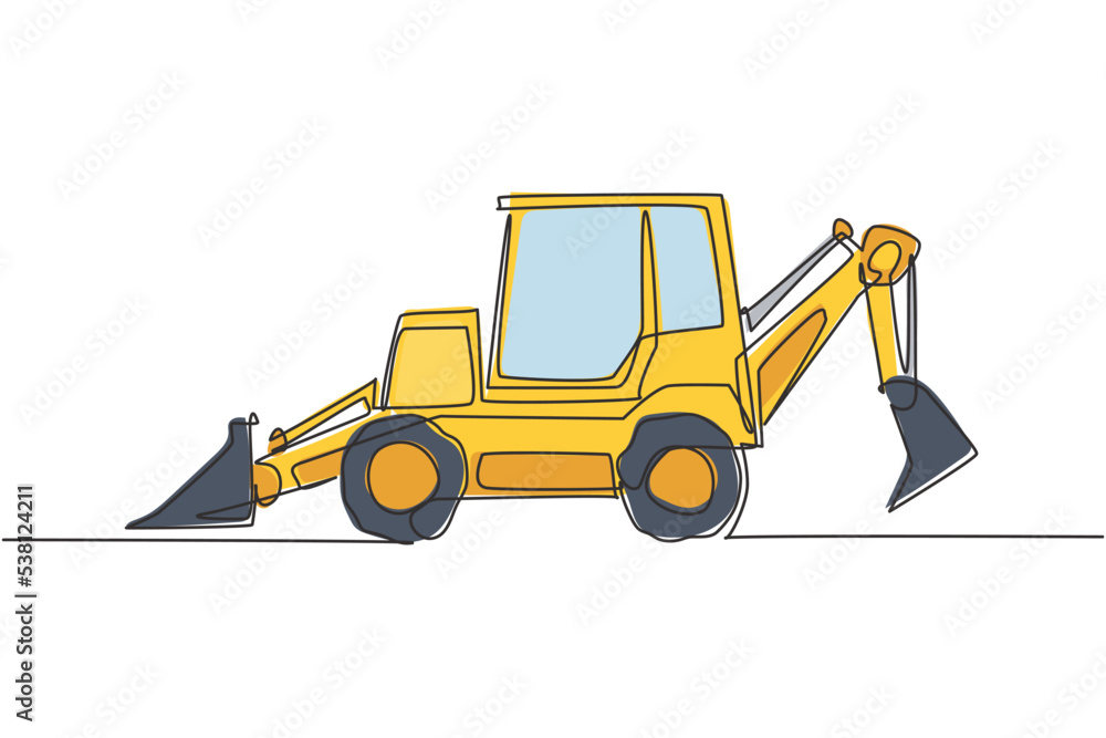 One continuous line drawing of bulldozer for digging soil and leveling ...