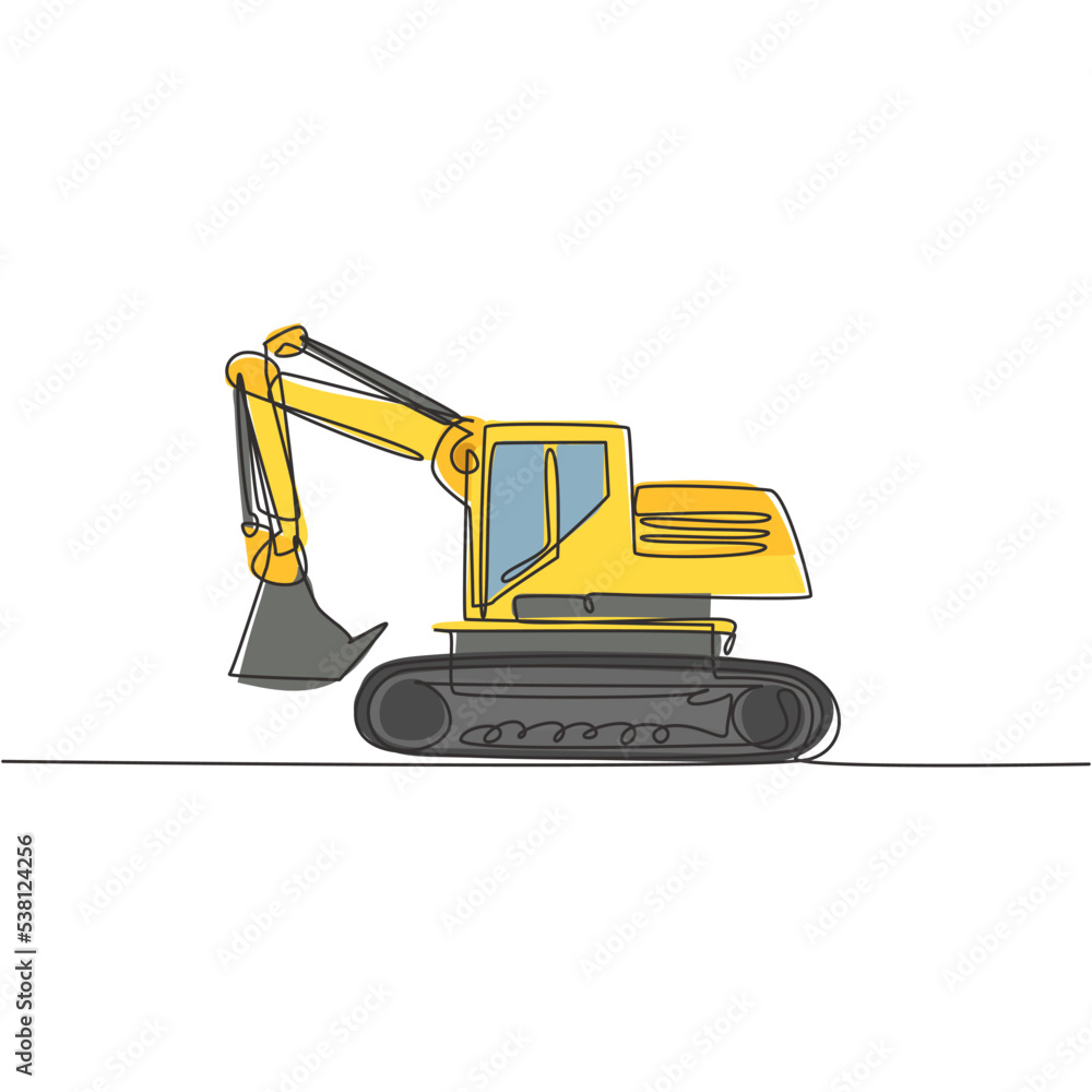One single line drawing of excavator for digging soil vector ...