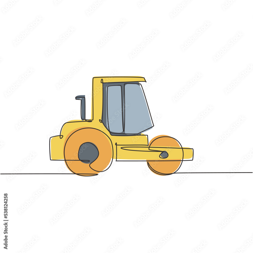 One continuous line drawing of metal roller vehicle for paving the road ...