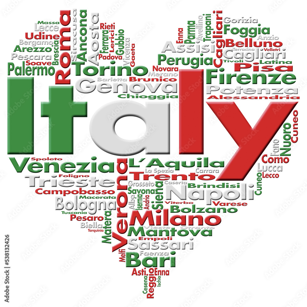 Love Italy, text of the main Italian cities in the shape of a heart ...