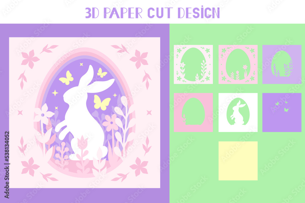 3D Easter bunny shadow box. Vector layered tunnel card. Cute hare with butterflies and flowers ...